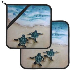 Watercolor Turtles on The Beach Pot Holders for Kitchen,Heat Resistant Pot Holders Sets Oven Hot Pads Terry Cloth Pot Holders for Cooking Baking 2Pcs