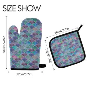 Poeticcity Colorful Mermaid Tail Scales Ocean Wave Blue Green Teal Purple Oven Mitts Pot Holders Sets, Potholder Hot Pads Heat Resistant Kitchen Oven Gloves for Cooking Baking Grilling Barbecue