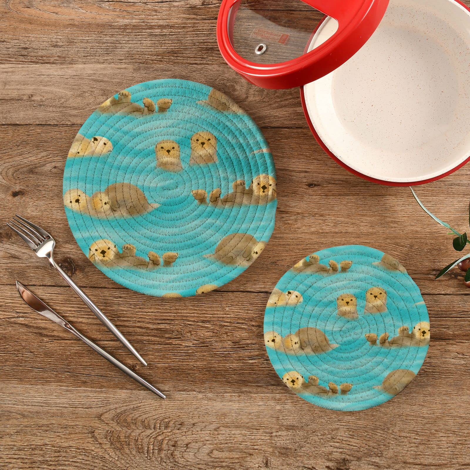 Cute Funny Otters Trivets for Hot Dishes Pot Holders Set of 2 Pieces Hot Pads for Kitchen Heat Resistant Trivets for Hot Pots and Pans Placemats Set for Farmhouse Kitchen Decor