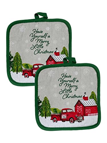 Christmas Pot Holders with Oven Mitt and Christmas Kitchen Towels Sets (Red Truck Design), Christmas Oven Mitts, Pot Holders and Oven Mitts Sets, Christmas Oven Mitts and Pot Holders