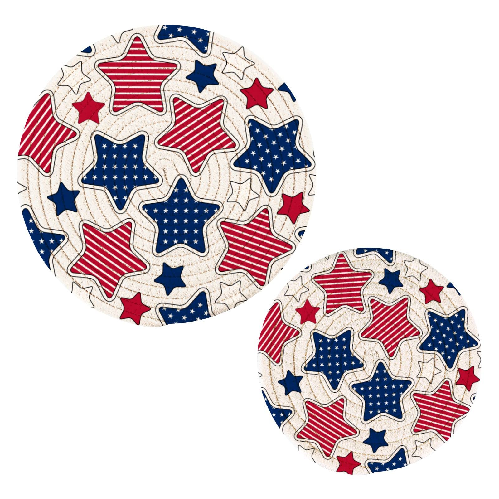 Potholders Set Trivets Set of 2, American Stars and Stripes Round Woven Pot Holder Set Coasters Hot Pads Hot Mats