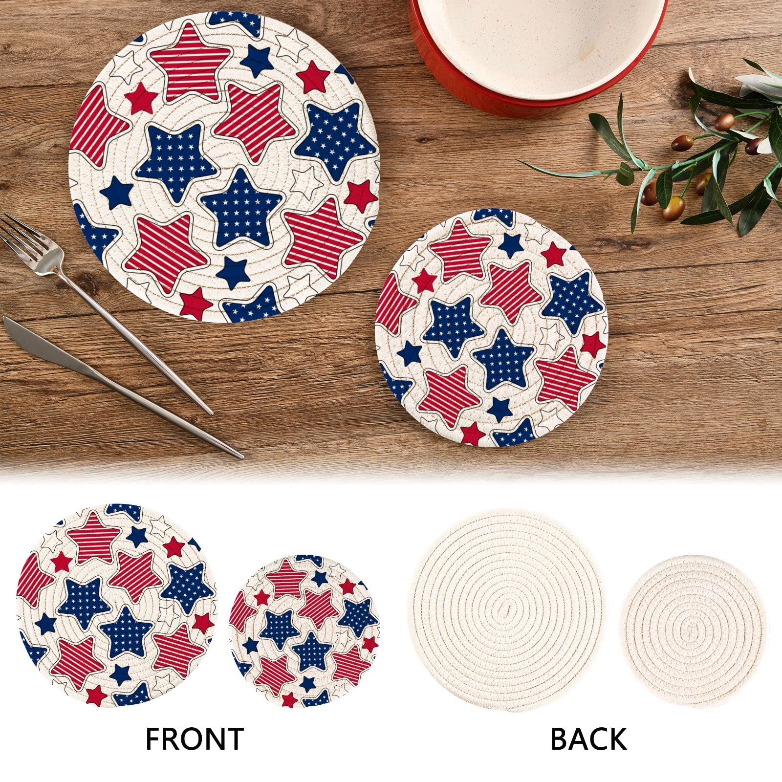 Potholders Set Trivets Set of 2, American Stars and Stripes Round Woven Pot Holder Set Coasters Hot Pads Hot Mats