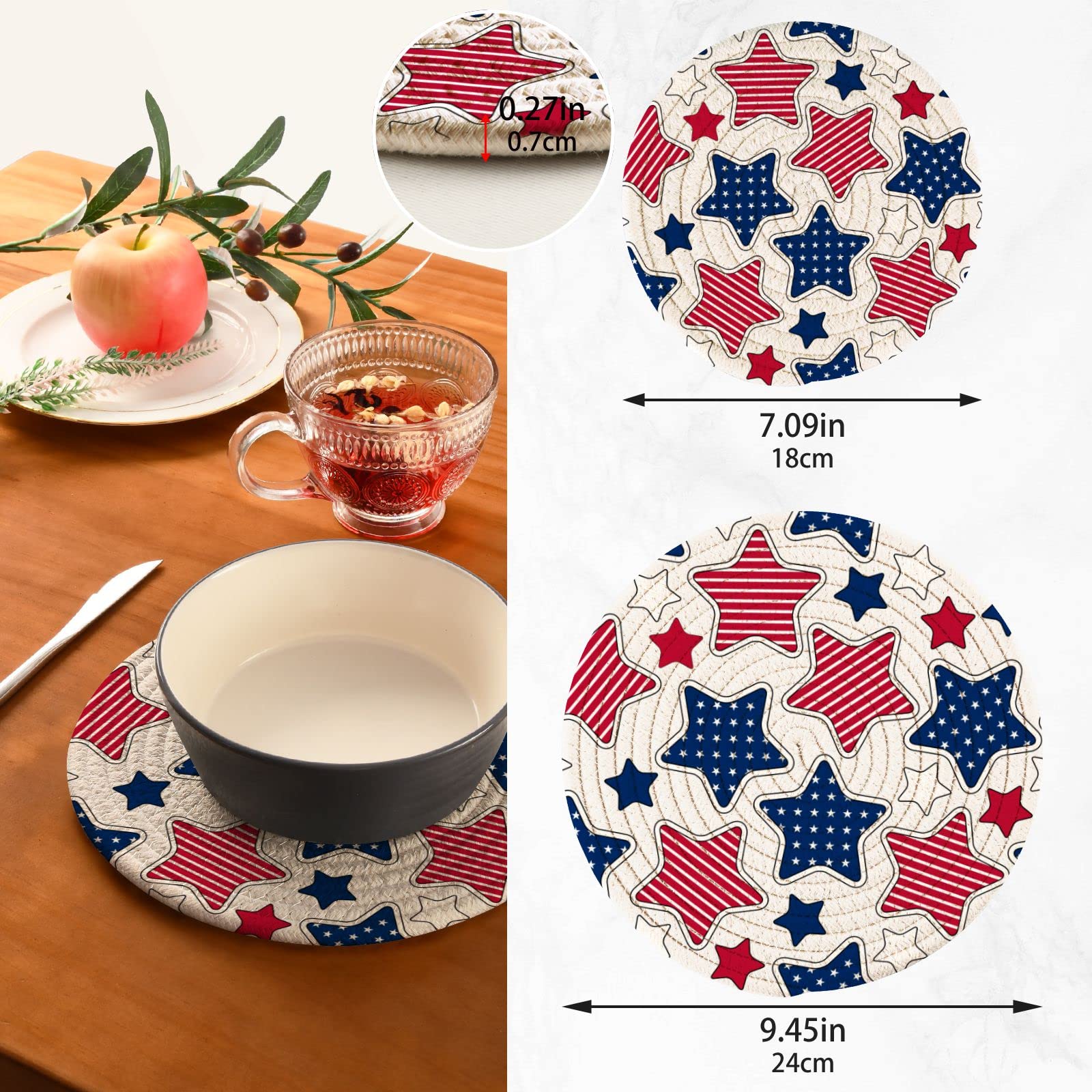 Potholders Set Trivets Set of 2, American Stars and Stripes Round Woven Pot Holder Set Coasters Hot Pads Hot Mats