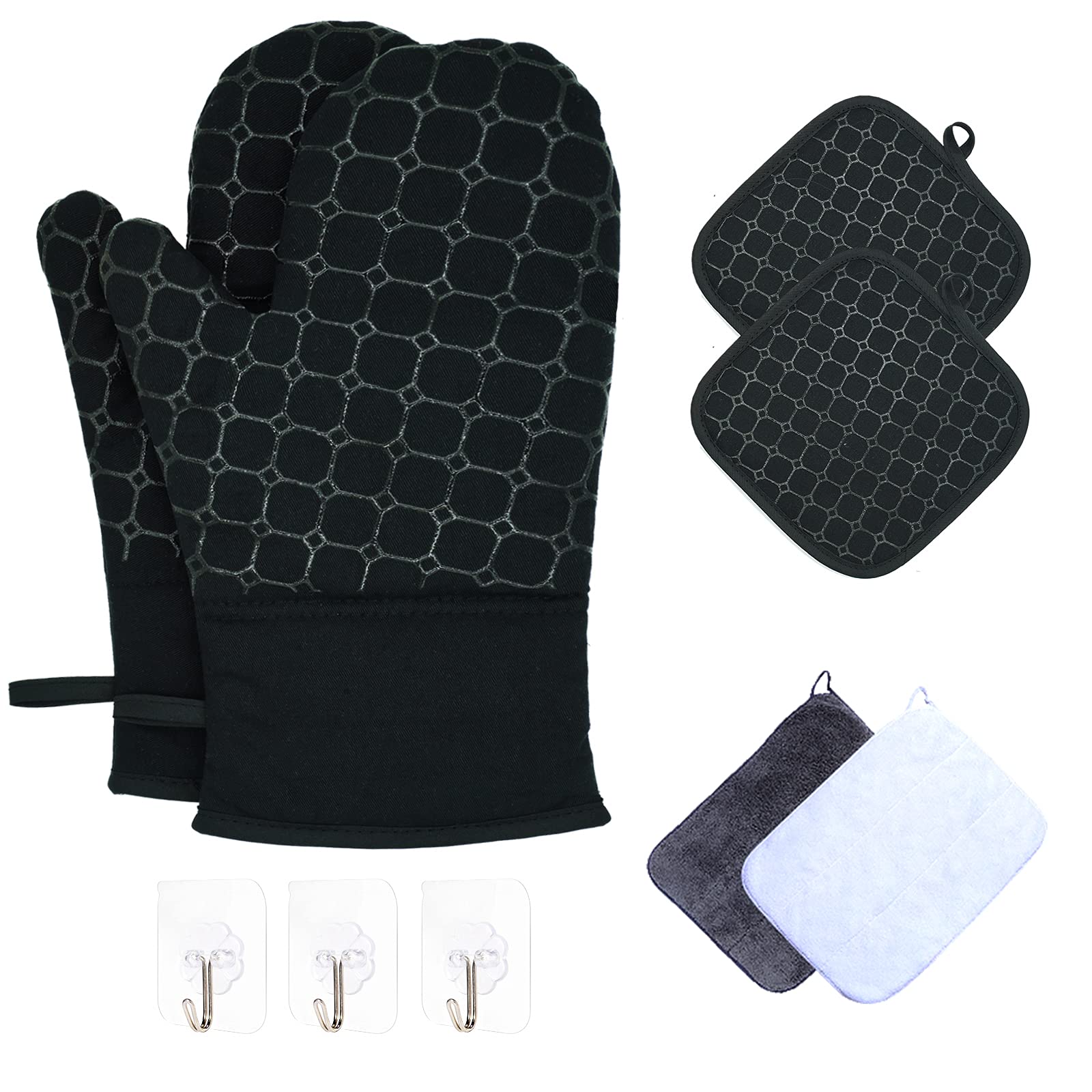 Extra Long Oven Mitts and Pot Holders Sets, 550°F High Heat Resistant Oven Mitts with Kitchen Towel and Hook, Non-Slip Silicone Thick Cotton Oven Gloves for Kitchen Cooking and Baking (9PCS) (Black)