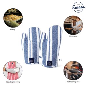 Encasa Homes Long 14" Oven Microwave Hand Gloves Mitts (2 pc Set) for Kitchen Cooking & Baking - Heat Resistant, Thick & Safe, Protection of Hands from Hot Utensils - Franca Blue Stripes