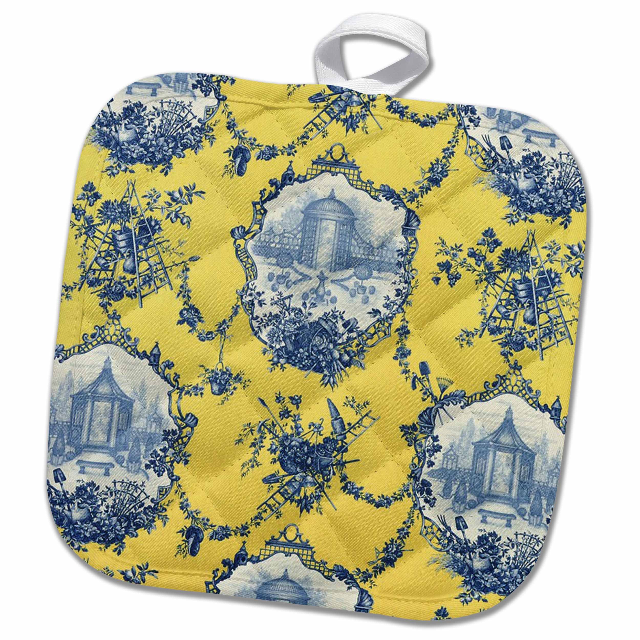 3D Rose Garden French Yellow and Blue. Popular Toile Print. Pot Holder, 8 x 8