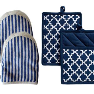 Cotton Oven Mitts and Pot Holder Sets Stripe and Geometric Trellis Pattern 4 Pack Heat Resistant 482°F Cotton Infill Breathable Fabric for Kitchen Cooking Baking