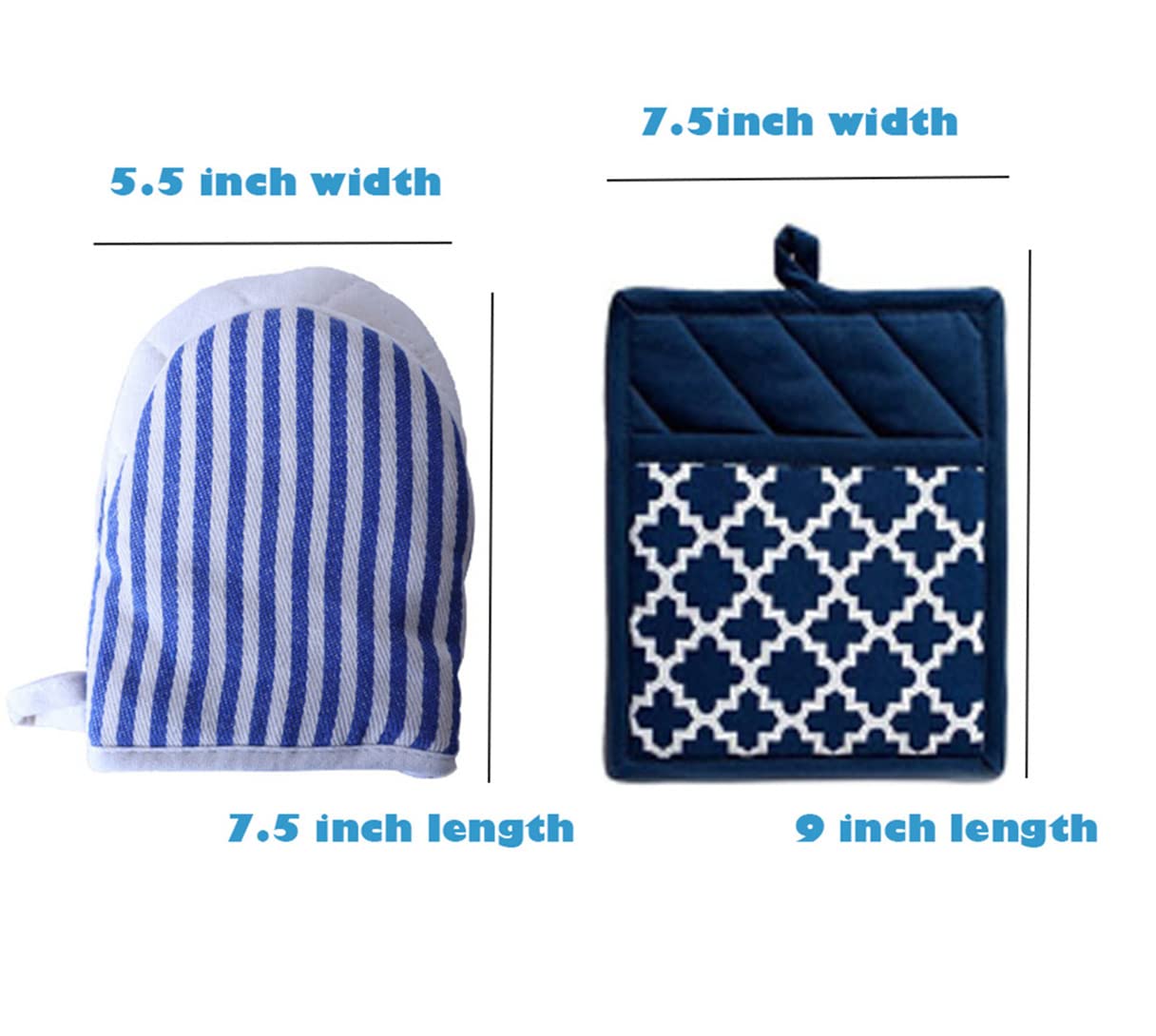 Cotton Oven Mitts and Pot Holder Sets Stripe and Geometric Trellis Pattern 4 Pack Heat Resistant 482°F Cotton Infill Breathable Fabric for Kitchen Cooking Baking