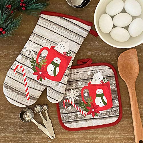 Elrene Home Fashions Jolly Holiday Cocoa and Candy Cane Holiday Oven Mitt and Pot Holder Gift Set of 2, 100% Cotton