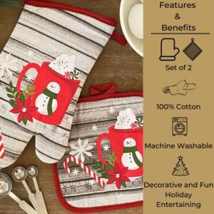 Elrene Home Fashions Jolly Holiday Cocoa and Candy Cane Holiday Oven Mitt and Pot Holder Gift Set of 2, 100% Cotton