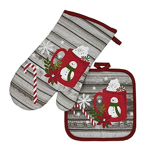 Elrene Home Fashions Jolly Holiday Cocoa and Candy Cane Holiday Oven Mitt and Pot Holder Gift Set of 2, 100% Cotton