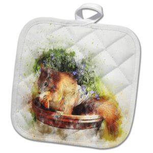 3drose lens florene-watercolor art-image of adorable squirrel eating cheese in flowerpot (phl-300359-1) potholder, white