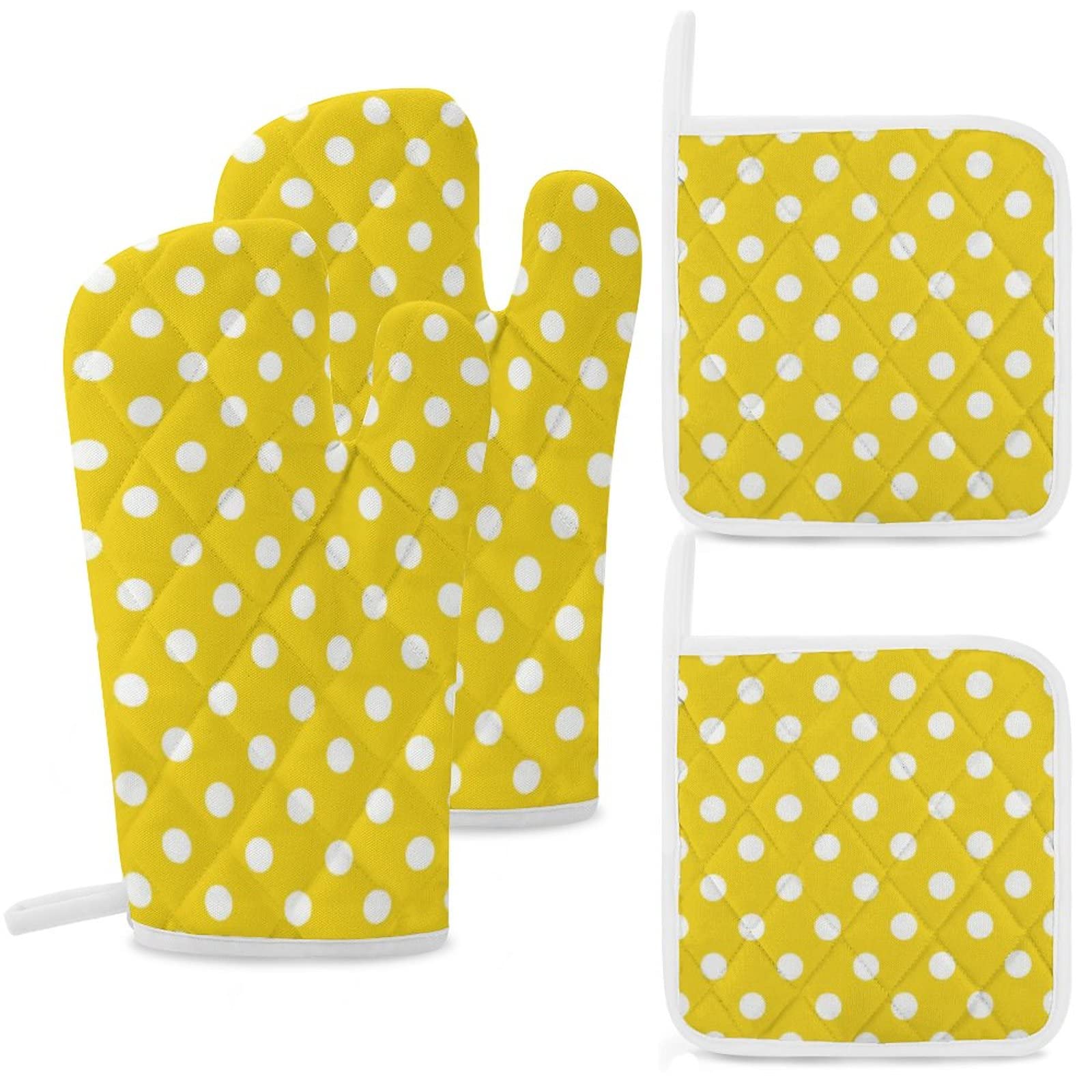 4PCS Oven Mitts Glove Kitchen Heat Resistant Pot Holders Set Lemon Yellow Polka Dot Pattern Kitchen Microwave Oven Gloves Mitts Anti-Scald Baking Cooking Gloves