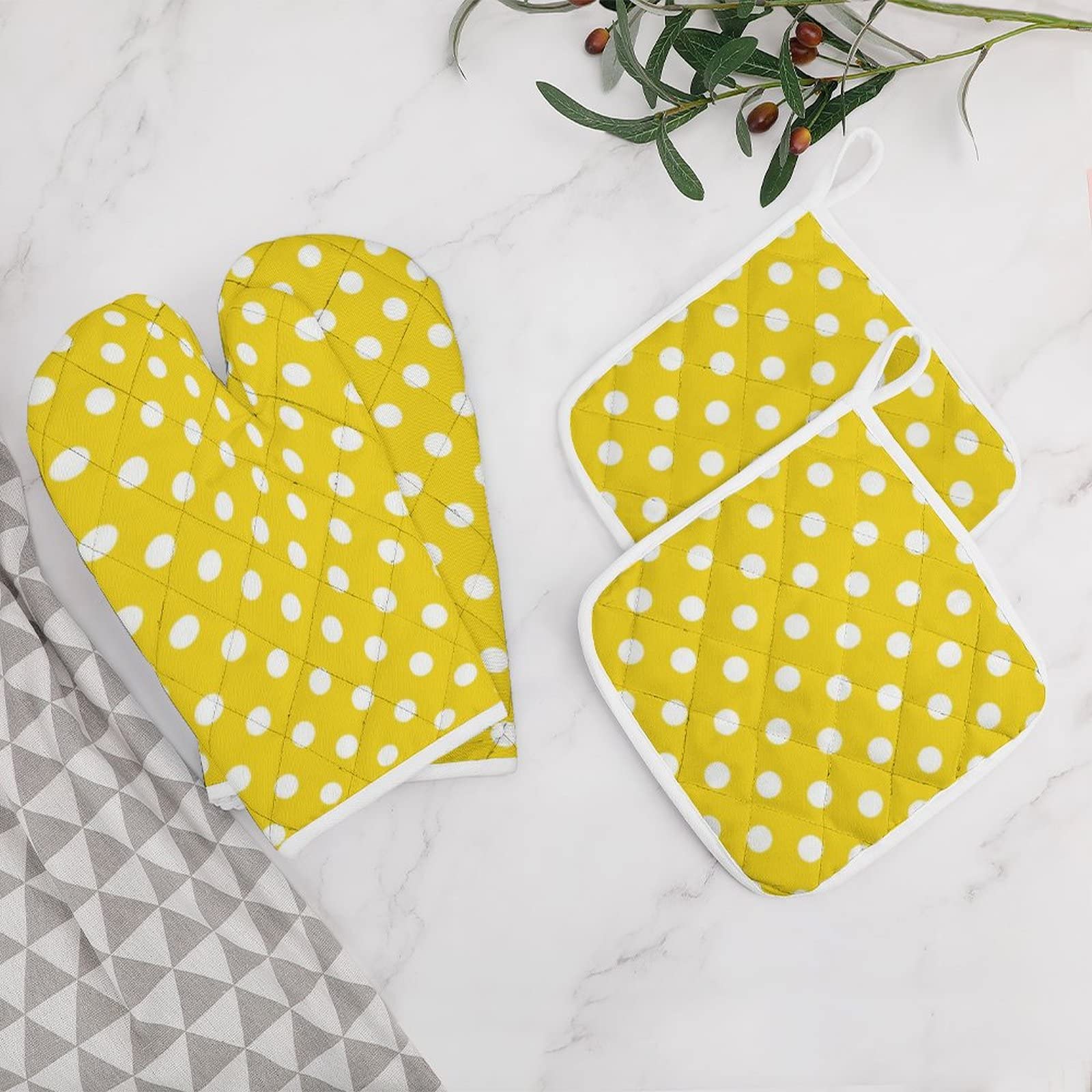 4PCS Oven Mitts Glove Kitchen Heat Resistant Pot Holders Set Lemon Yellow Polka Dot Pattern Kitchen Microwave Oven Gloves Mitts Anti-Scald Baking Cooking Gloves