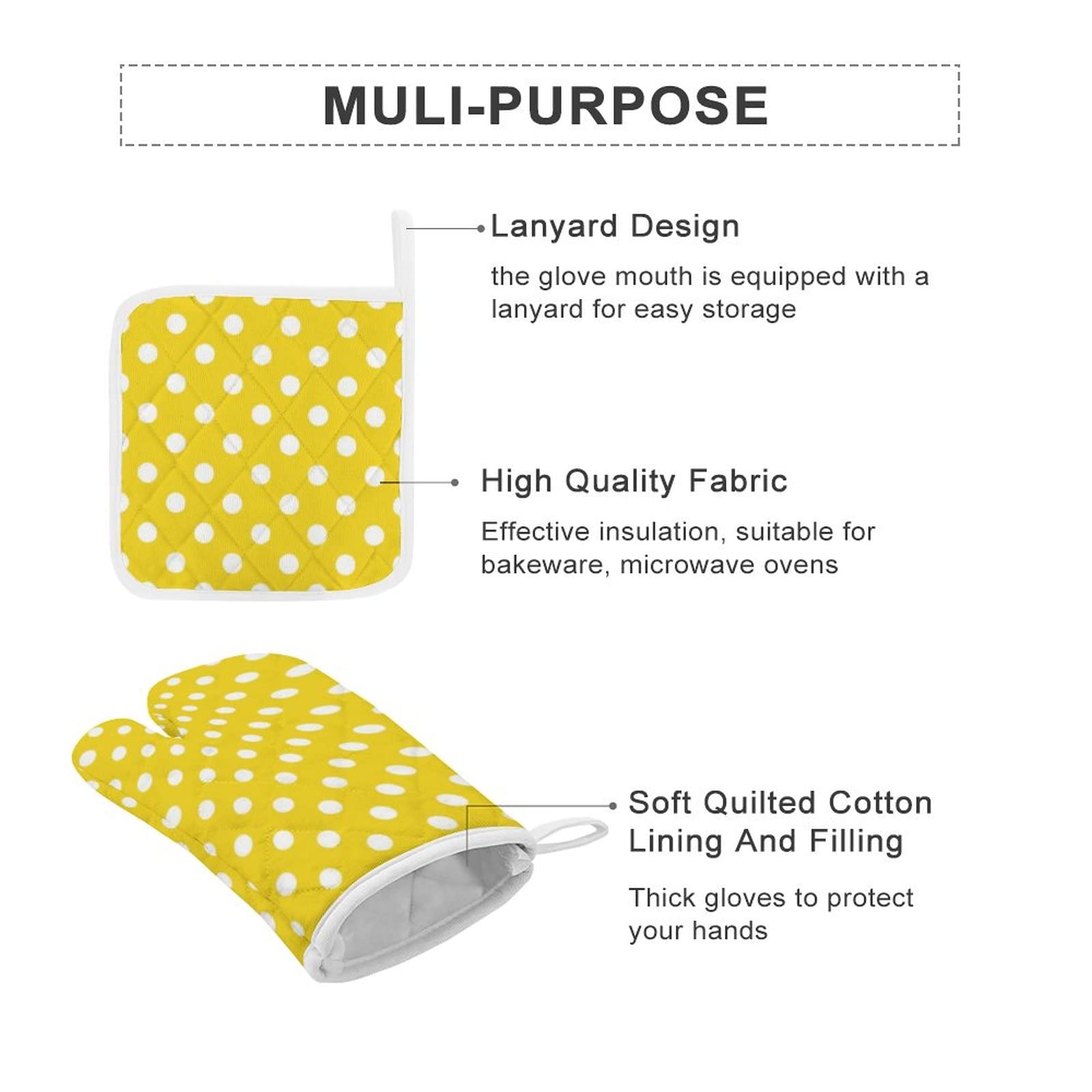 4PCS Oven Mitts Glove Kitchen Heat Resistant Pot Holders Set Lemon Yellow Polka Dot Pattern Kitchen Microwave Oven Gloves Mitts Anti-Scald Baking Cooking Gloves