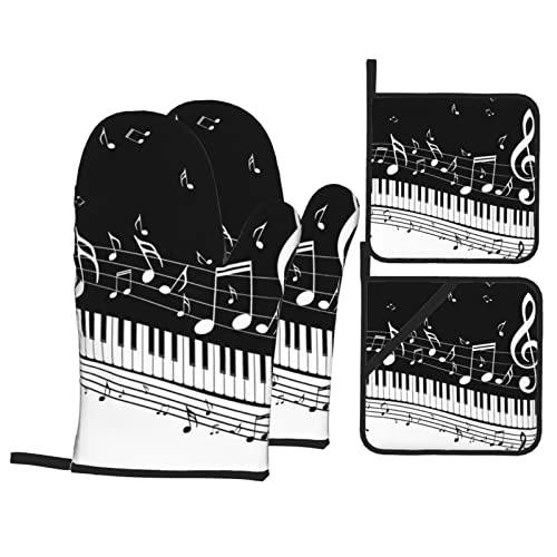 Piano Keys with Musical Notes Printed Oven Mitt and Pot Holder Set, Washable Heat Resistant Oven Mitt for Kitchen Cooking Baking Grill