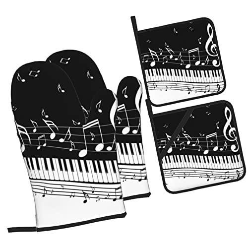 Piano Keys with Musical Notes Printed Oven Mitt and Pot Holder Set, Washable Heat Resistant Oven Mitt for Kitchen Cooking Baking Grill