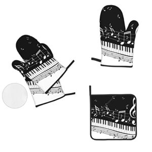 Piano Keys with Musical Notes Printed Oven Mitt and Pot Holder Set, Washable Heat Resistant Oven Mitt for Kitchen Cooking Baking Grill