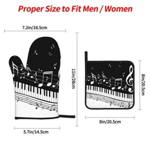 Piano Keys with Musical Notes Printed Oven Mitt and Pot Holder Set, Washable Heat Resistant Oven Mitt for Kitchen Cooking Baking Grill