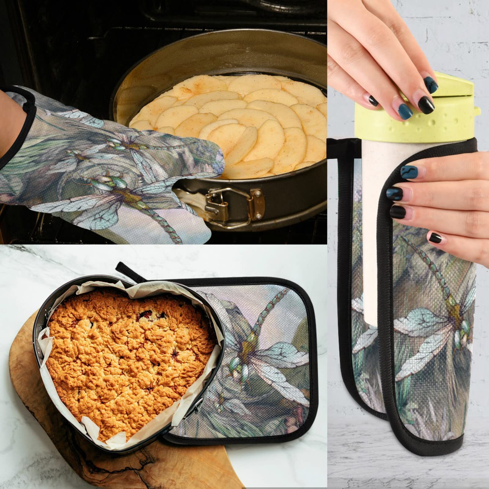 Vintage Dragonfly Oven Mitts and Pot Holders Sets Spring Summer Field Hot Pads Heat Resistant Cooking Gloves Handling Kitchen Cookware Bakeware BBQ