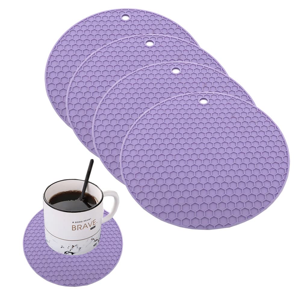 Silicone Trivet Mats 100% Silicone Heat Resistant Multifunctional Mat, Heat and Slip Resistant Potholders 4 Pack (Purple)