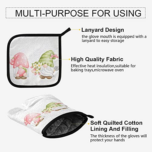 Strawberry Gnomes Oven Mitts Pot Holder Set Hello Spring Kitchen Decor Cooking Stove Gloves Heat Resistant Hot Pads Recycled for BBQ Baking Grilling