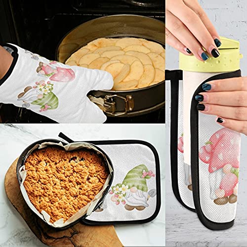 Strawberry Gnomes Oven Mitts Pot Holder Set Hello Spring Kitchen Decor Cooking Stove Gloves Heat Resistant Hot Pads Recycled for BBQ Baking Grilling