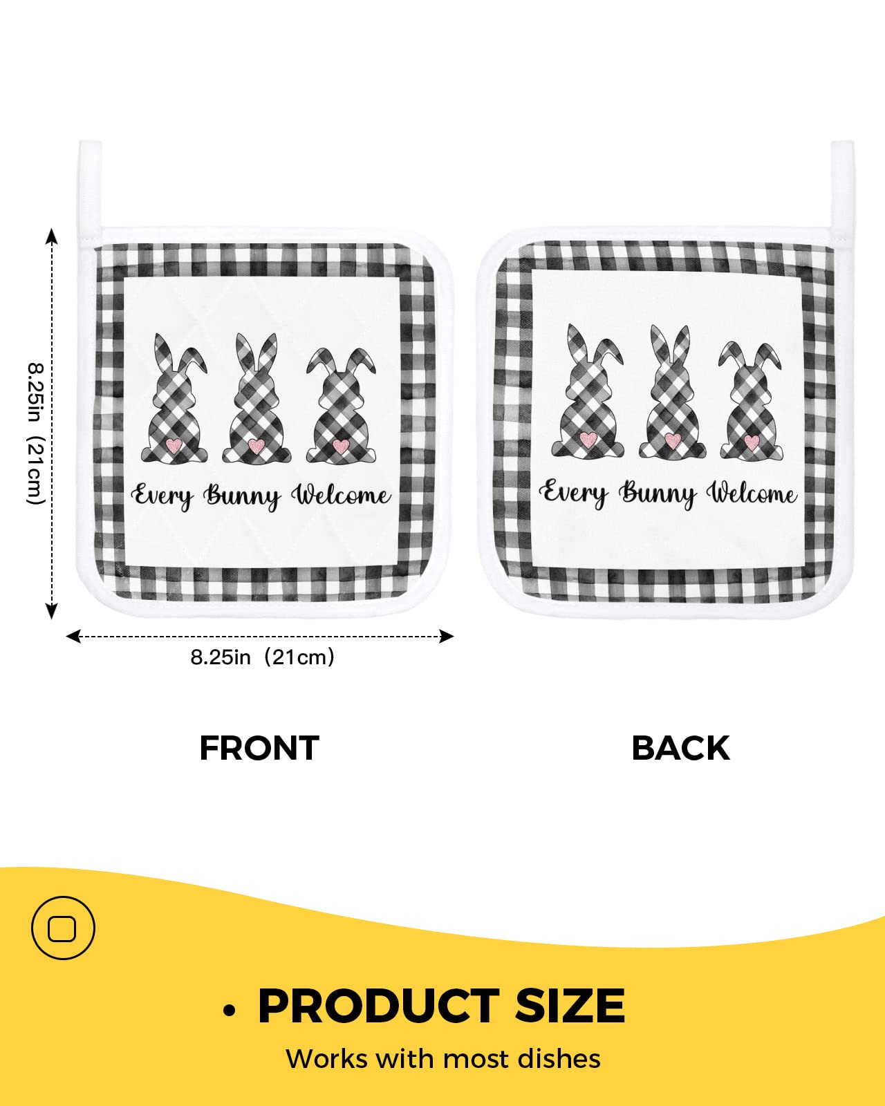 2 Pack Pot Holders for Kitchen,Spring Bunny Black White Buffalo Lattice Pink Love Easter Heat Proof Potholder Hot Pads Trivet,Rabbit Welcome Quote Washable Coaster Potholders for Cooking Baking