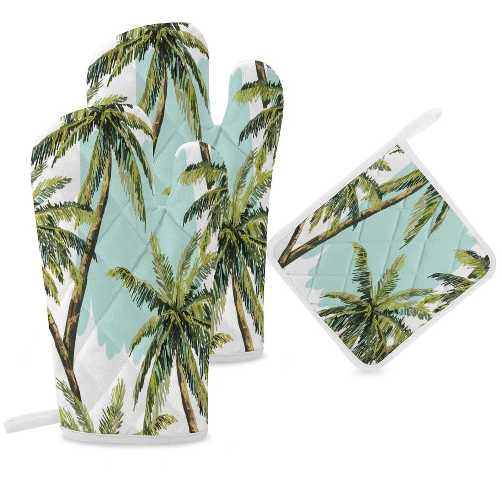 Palm Tree Oven Mitts and Pot Holders Sets of 3,Kitchen Gift Heat Resistant Non Slip Hot Pads & Oven Mitts Set for Cooking BBQ Grilling Baking