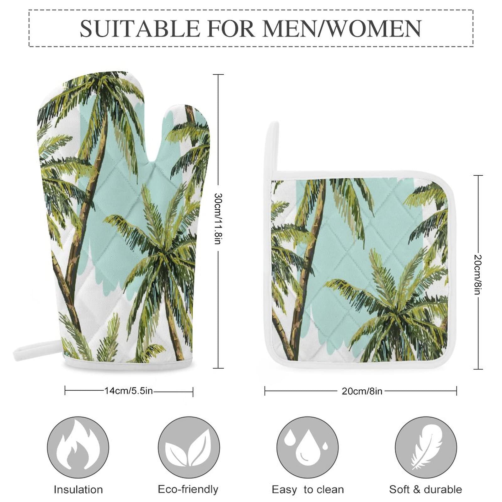 Palm Tree Oven Mitts and Pot Holders Sets of 3,Kitchen Gift Heat Resistant Non Slip Hot Pads & Oven Mitts Set for Cooking BBQ Grilling Baking