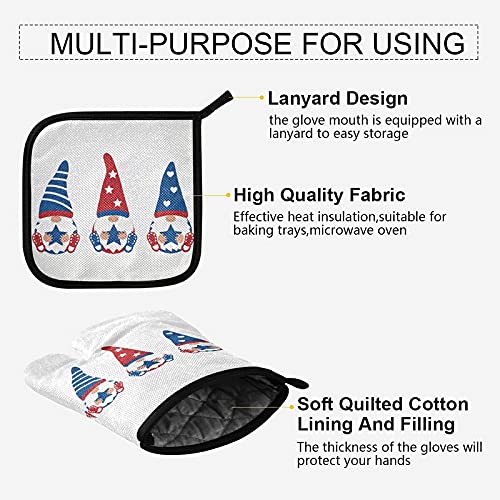 Patriotic Gnome Oven Mitts and Pot Holders 4Th of July Starts ?Heat Resistant Oven Mit Glove Pad 2PCS Soft Cotton Lining Non-Slip Safe for Baking Kitchen Cooking BBQ