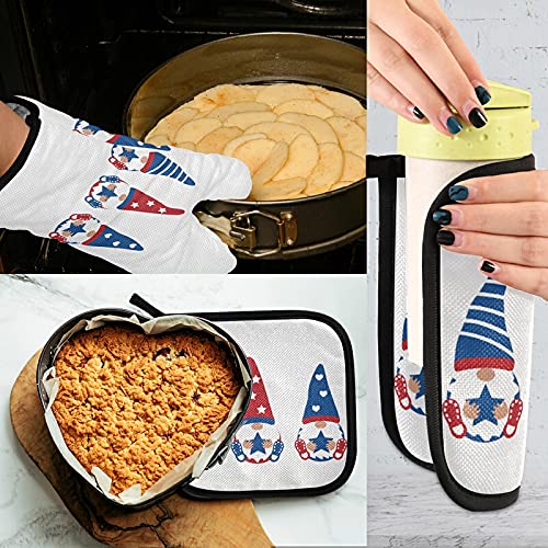 Patriotic Gnome Oven Mitts and Pot Holders 4Th of July Starts ?Heat Resistant Oven Mit Glove Pad 2PCS Soft Cotton Lining Non-Slip Safe for Baking Kitchen Cooking BBQ