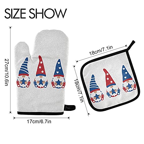 Patriotic Gnome Oven Mitts and Pot Holders 4Th of July Starts ?Heat Resistant Oven Mit Glove Pad 2PCS Soft Cotton Lining Non-Slip Safe for Baking Kitchen Cooking BBQ