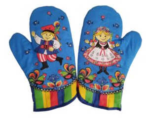 polish folk art krakow lowicz kitchen 2 oven mitts, blue