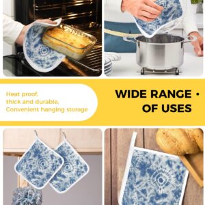 Pot Holders for Kitchen Spiral Tie Dye Pattern Heat Resistant Potholders Blue Color Dyed Batik Ethnic Style Hot Pads Non Slip Kitchen Pot Holders Set of 2 for BBQ Cooking Baking Grilling