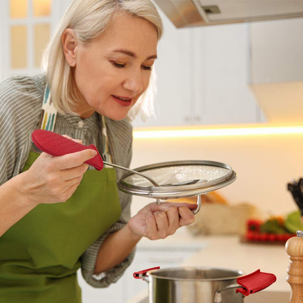 Silicone Hot Handle Holder, 3 Pack Assist Pan Handle Sleeve Pot Holders Non Slip Rubber Pot Holders Cast Iron Skillets Handles Grip Covers for Cast Iron Skillets Frying Pans Griddles Cookware (Red, L)