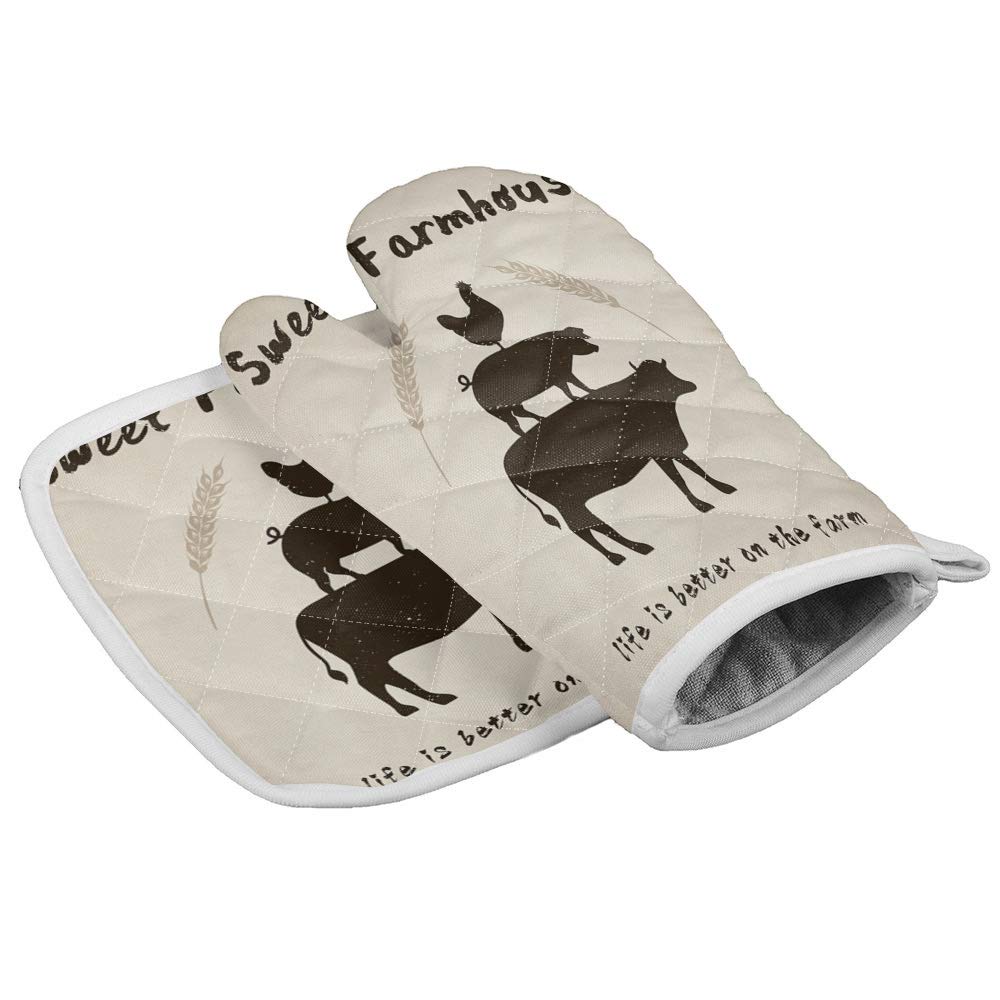 Kitchen Oven Gloves Farmhouse Animal Oven Mitts Pot Holder Set Cow Pig Chicken Retro Rustic Hot Pad Sets for Kitchen BBQ Cooking Baking Grilling Heat Resistance 12 x 6 inch + 8 x 8 inch