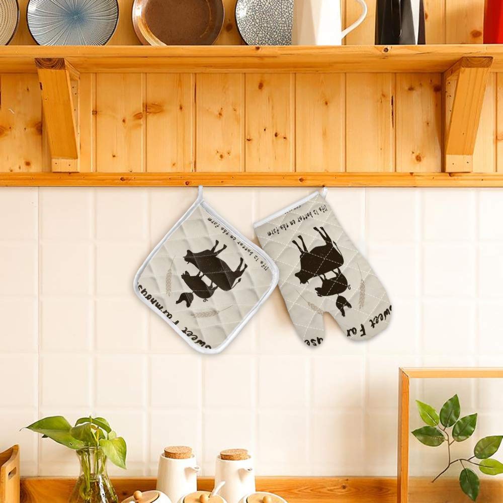 Kitchen Oven Gloves Farmhouse Animal Oven Mitts Pot Holder Set Cow Pig Chicken Retro Rustic Hot Pad Sets for Kitchen BBQ Cooking Baking Grilling Heat Resistance 12 x 6 inch + 8 x 8 inch