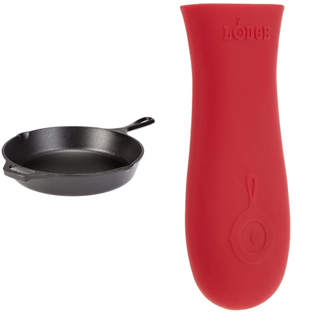 Lodge 13-1/4-Inch Pre-Seasoned Skillet & Silicone Hot Handle Holder - Red Heat Protecting Silicone Handle Cast Iron Skillets with Keyhole Handle