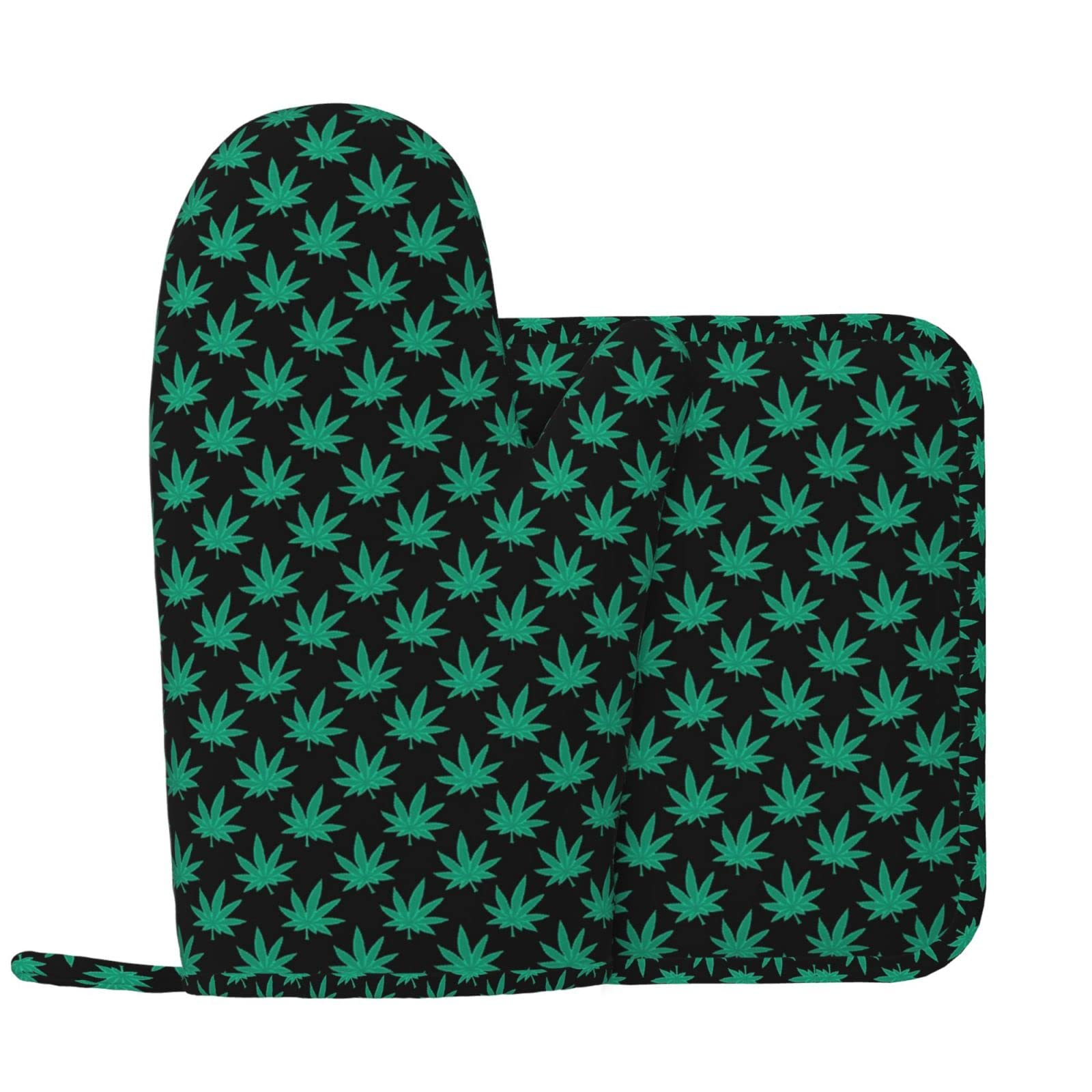 Green Marijuana Leaf Oven Mitts and Pot Holders Sets Non-Slip Silicone Oven Glove Cooking Potholder