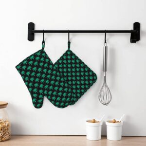 Green Marijuana Leaf Oven Mitts and Pot Holders Sets Non-Slip Silicone Oven Glove Cooking Potholder