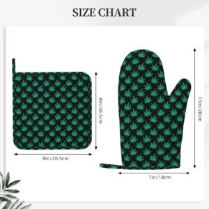 Green Marijuana Leaf Oven Mitts and Pot Holders Sets Non-Slip Silicone Oven Glove Cooking Potholder