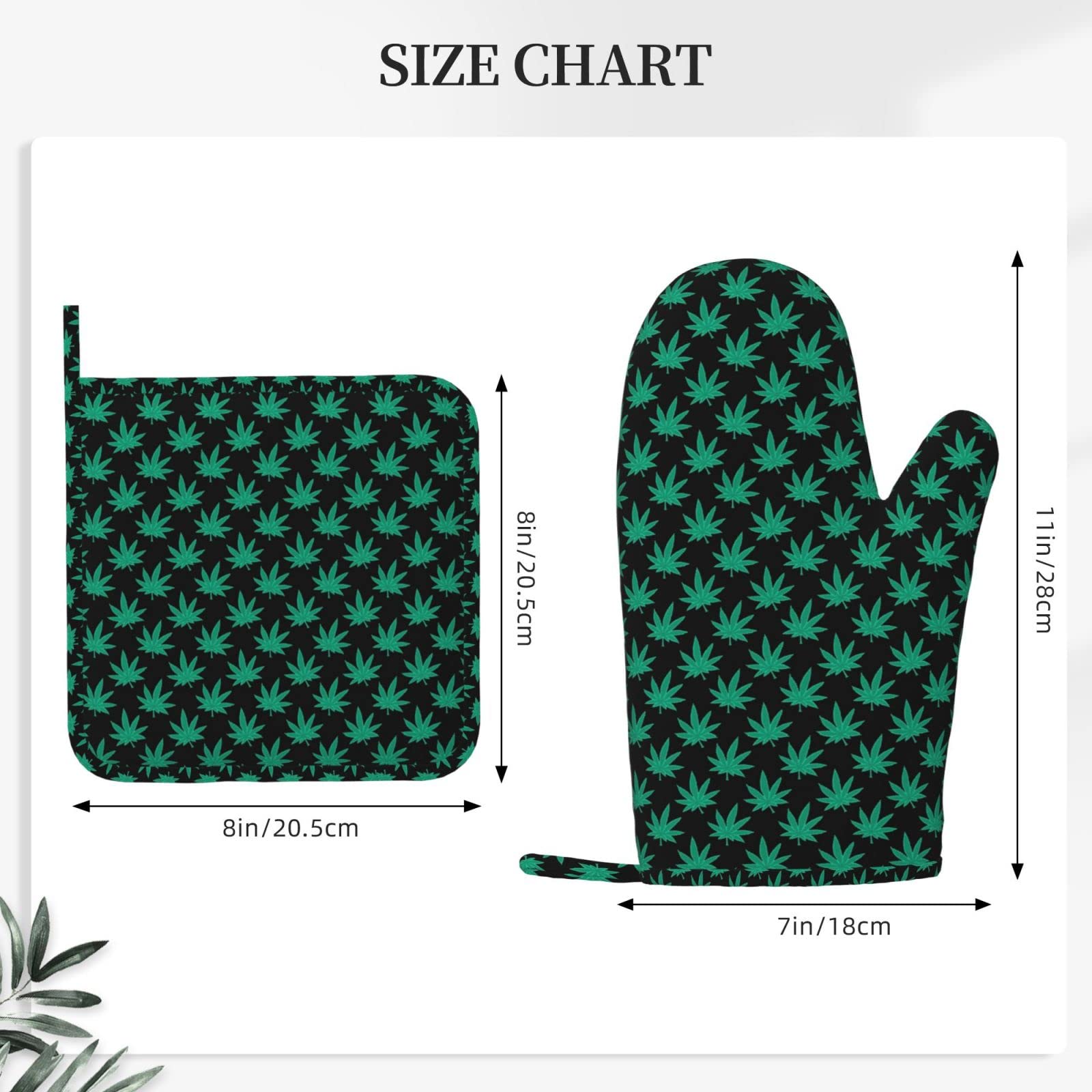 Green Marijuana Leaf Oven Mitts and Pot Holders Sets Non-Slip Silicone Oven Glove Cooking Potholder