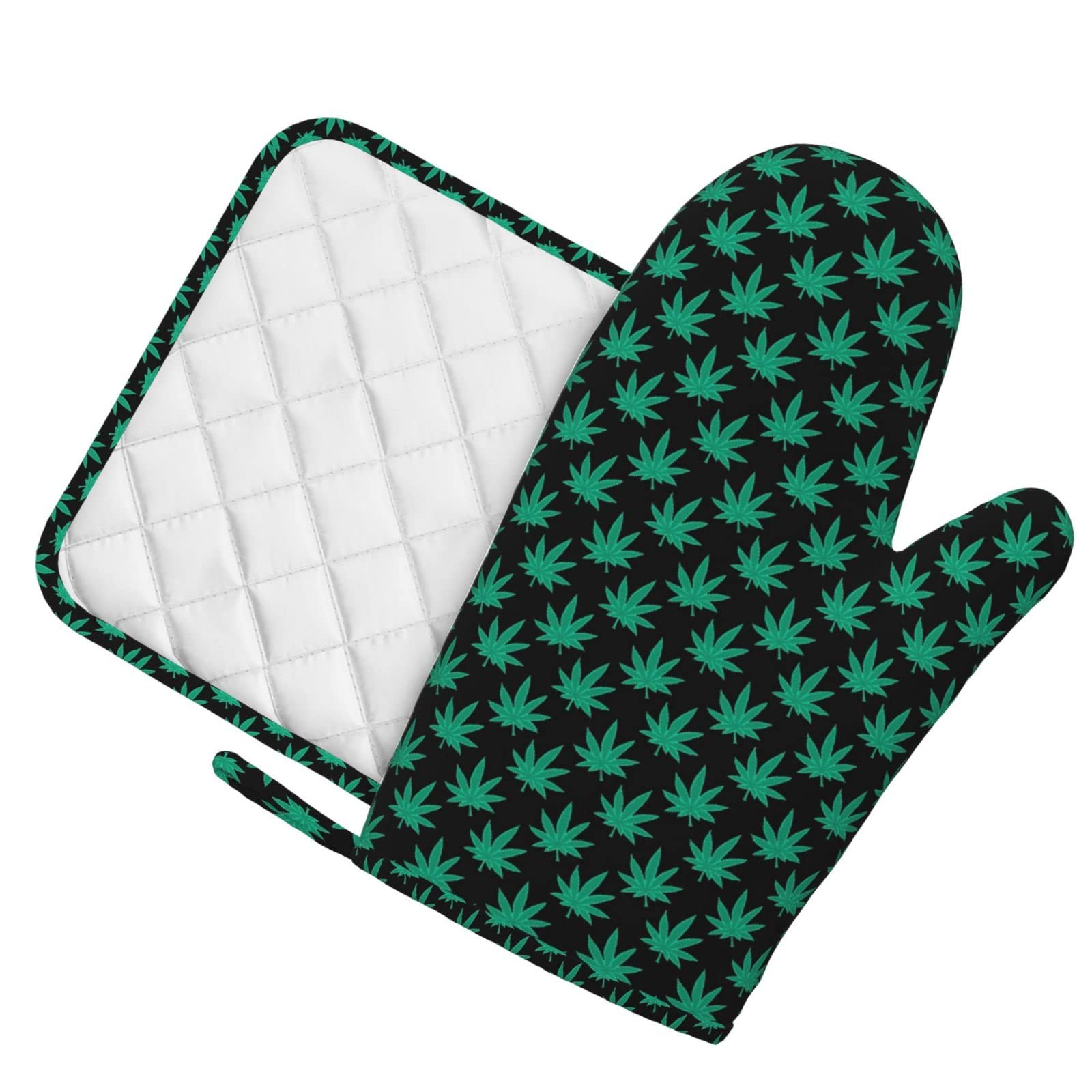 Green Marijuana Leaf Oven Mitts and Pot Holders Sets Non-Slip Silicone Oven Glove Cooking Potholder