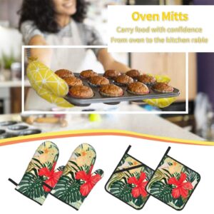 Summer Hawaiian Oven Mitts and Pot Holders Sets Kitchen Hot Pad Non-Slip Heat Resistant Waterproof Baking BBQ Cooking Gloves(4 Piece)