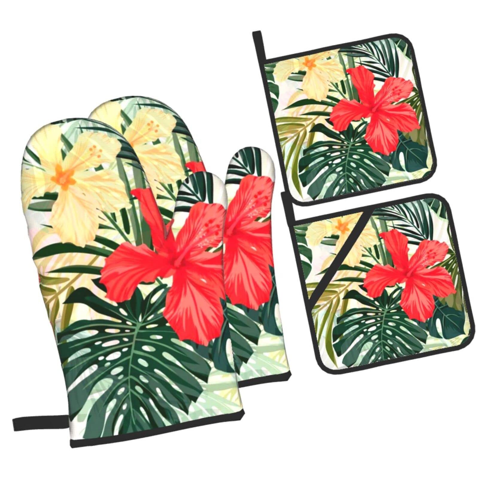 Summer Hawaiian Oven Mitts and Pot Holders Sets Kitchen Hot Pad Non-Slip Heat Resistant Waterproof Baking BBQ Cooking Gloves(4 Piece)