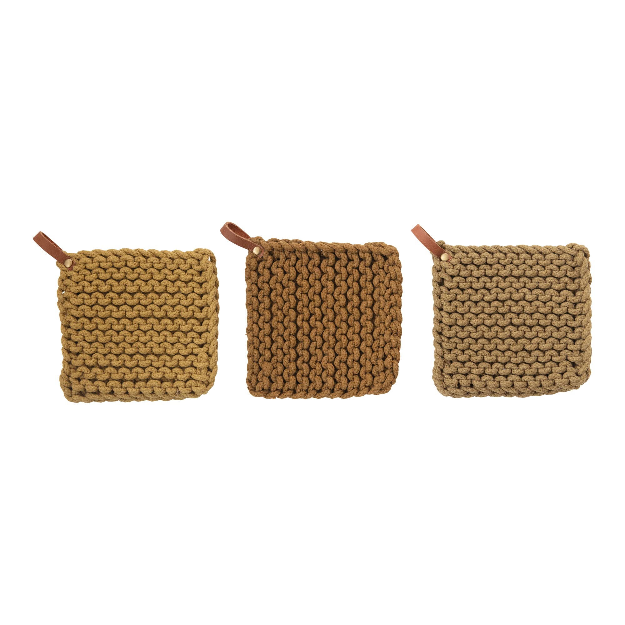 Creative Co-Op Square Crochet Cotton Leather Loop, Set of 3 Colors Pot Holder, Multicolored