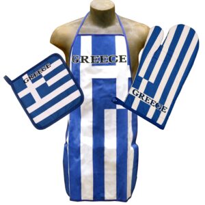 Greece Flag Kitchen & BBQ Set w/ Apron, Oven-mitt & Pot-holder Greek