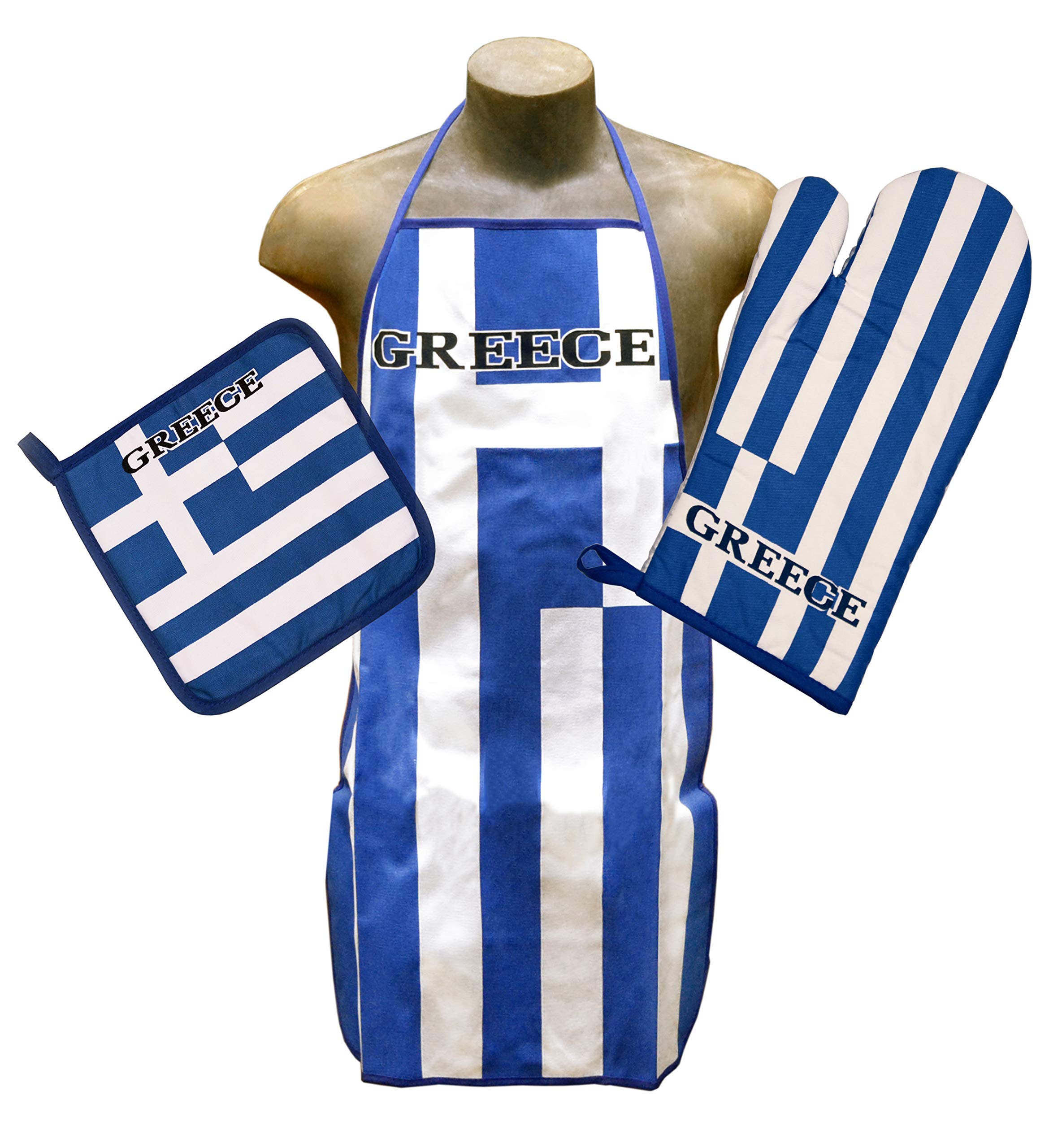 Greece Flag Kitchen & BBQ Set w/ Apron, Oven-mitt & Pot-holder Greek