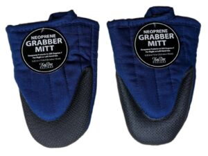 set of 2 indigo blue neoprene grabber oven mitt, designs